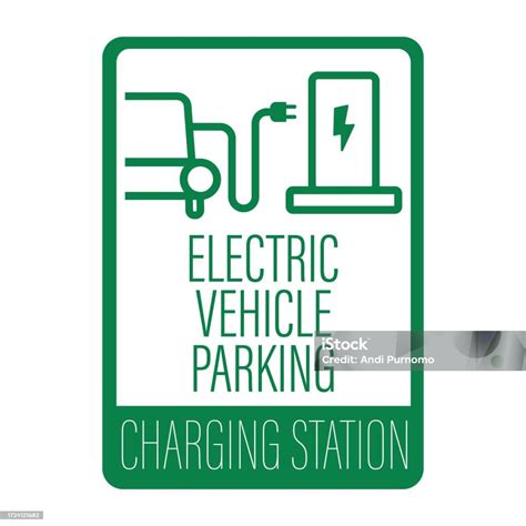 Ev 자동차용 녹색 직사각형 전기 자동차 충전소의 격리된 스티커 라벨 디자인 일러스트레이션 모바일 케이블 및 전기 플러그가 있는 전기 자동차 주차장 0명에 대한 스톡 벡터