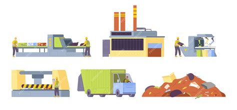 쓰레기 재활용 공장 제조 공정 재활용 및 산업 폐기 폐기물의 도시 쓰레기 매립 공장 작업자에 대한 플라스틱 폐기물 화려한 벡터 일러스트 레이 션 프리미엄 벡터