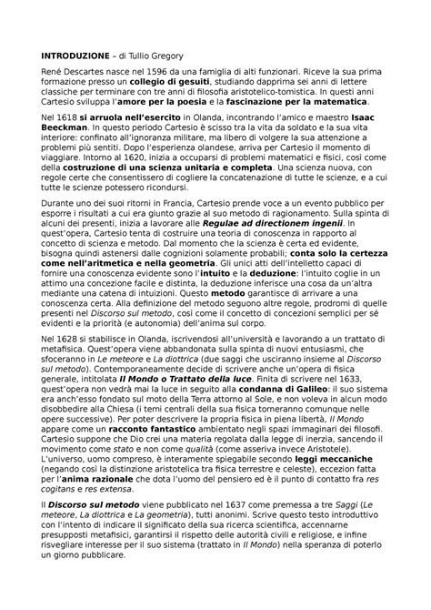 Riassunto Di Discorso Sul Metodo Cartesio Introduzione Di Tullio