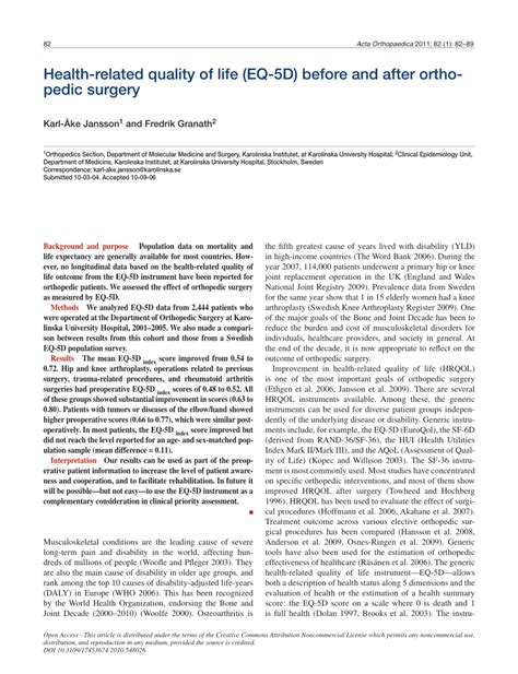 Pdf Health Related Quality Of Life Eq 5d Before And After