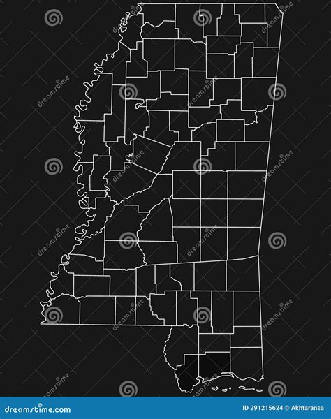 Mapa De Esquema Mississippi Con El Condado En Blanco Sobre Fondo Negro