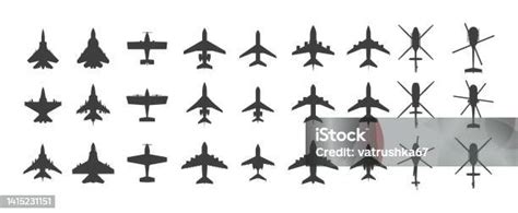 검은 비행기 상단보기 군용 제트 전투기 및 민간 항공화물 및 여객기 실루엣 아이콘 공중보기 비행기 세트의 벡터 오버 헤드 모양 비행기에 대한 스톡 벡터 아트 및 기타 이미지