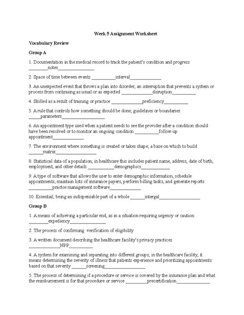 Week 5 Assignment Worksheet Week 5 Assignment Worksheet Vocabulary