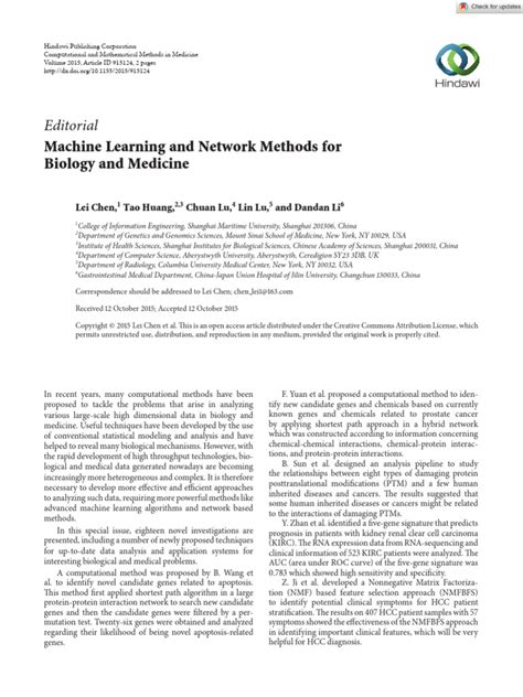 Computational And Mathematical Methods In Medicine 2015 Chen Machine Learning And Network