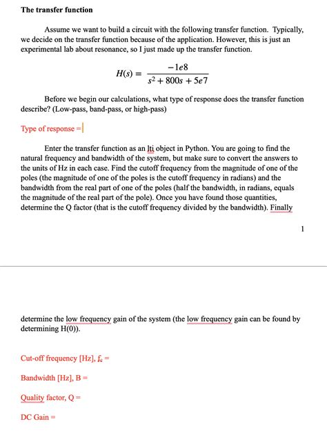 Solved The Transfer Function Assume We Want To Build A