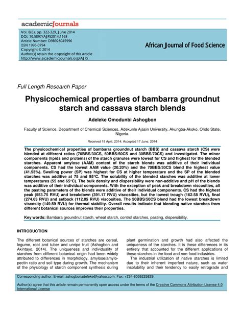 Pdf Physicochemical Properties Of Bambarra Groundnut Starch And