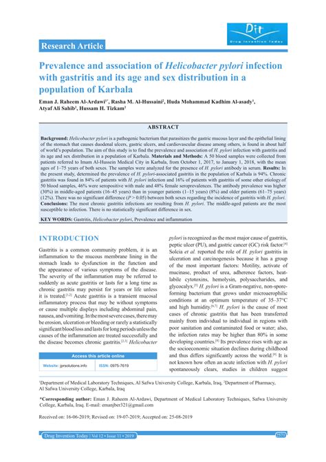 Pdf Prevalence And Association Of Helicobacter Pylori Infection With Gastritis And Its Age And