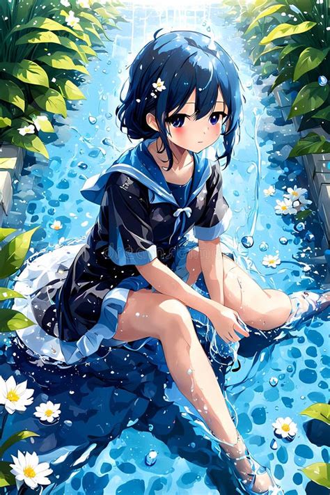 A Cute Anime Girl Sitting On The Water Stream With Spalshing Water