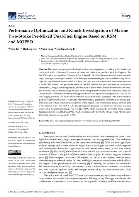 Pdf Performance Optimization And Knock Investigation Of Marine Two Stroke Pre Mixed Dual Fuel