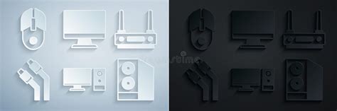 Set Computer Monitor Router And Wi Fi Signal Lan Cable Network