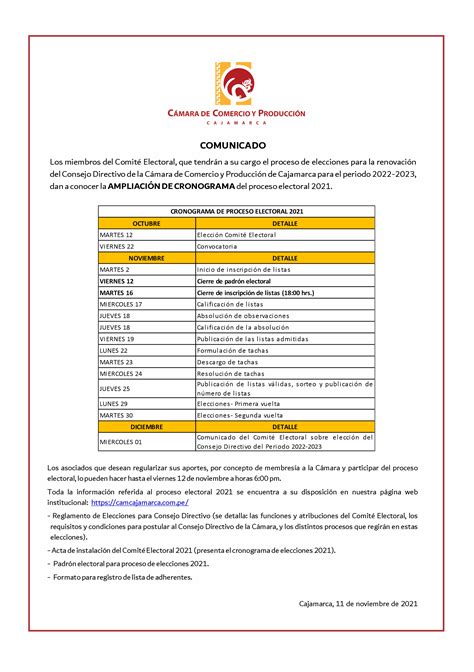 Comunicado AmpliaciÓn De Cronograma Electoral 2021 Cámara De