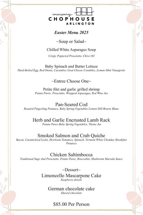 Easter Menu Mercury Chophouse
