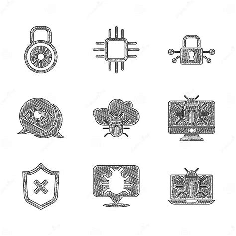 Set System Bug On A Cloud Monitor Shield With Cross Mark Eye Scan Cyber Security And Safe