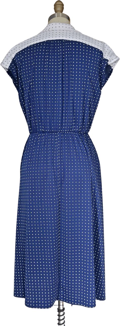 Vintage 80s Navy Blue And White Swiss Polka Dot Notch Neck A Line