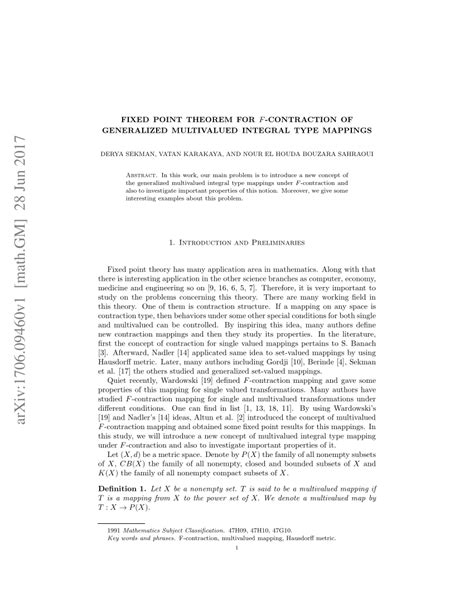 Pdf Fixed Point Theorem For F Contraction Of Generalized Multivalued Integral Type Mappings