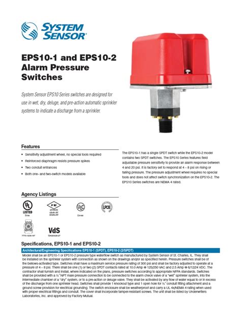 System Sensor Eps10 1 Data Sheet Pdf Fire Sprinkler System Valve