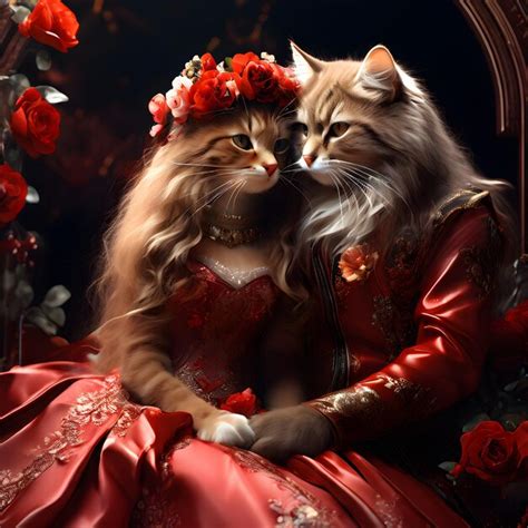 Premium Photo Two Cats Are Kissing Each Other And One Has A Red Dress