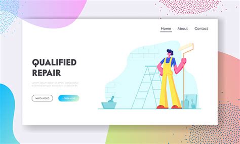 벽 그림에 대 한 롤러와 집 수리 노동자 유니폼 바지 및 장비 전문 건설 서비스 웹 사이트 방문 페이지에서 마스터 웹 페이지 만화 평면 벡터 일러스트 레이 션 배너 개념에