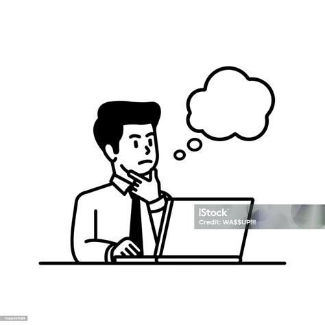 직장에서 컴퓨터 앞에서 자신의 고민과 사물을 생각하는 사업가의 삽화 걱정하는에 대한 스톡 벡터 아트 및 기타 이미지 걱정하는 결심 계획 Istock