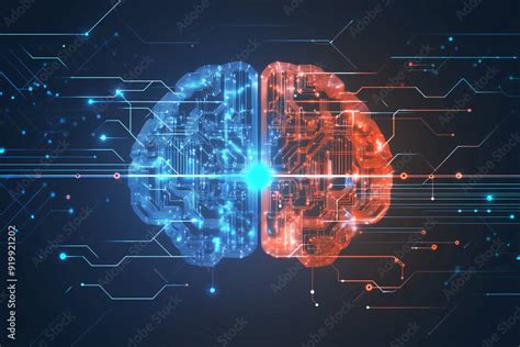 A Digital Brain Split Into Red And Blue Hemispheres With Glowing