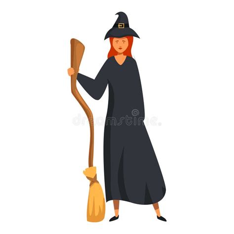 Witch In A Black Dress And Hat Is Holding A Broom Stock Vector