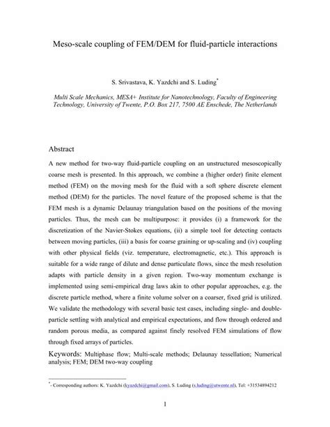 Pdf Meso Scale Coupling Of Femdem For Fluid Particle Interactions · Kuipers Et Al 11 Xu
