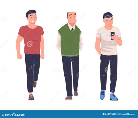 Walking Man Character Strolling In The Street And Smiling Vector Set