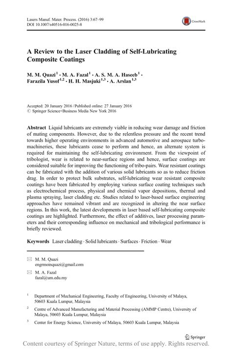 A Review To The Laser Cladding Of Self Lubricating Composite Coatings Request Pdf