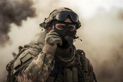Premium Ai Image Fully Equipped Soldier In A Camouflage Uniform Emerging From A Puff Of Smoke