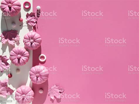 가을 장식이 있는 핑크 자홍색 종이 배경 분홍색 호박과 암컷 손으로 분홍색으로 칠마른 잎을 분홍색으로 칠한 단색룩 마젠타와 흰색