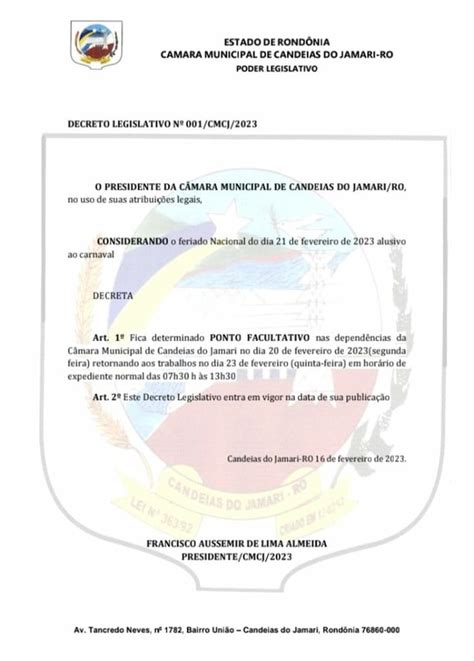 Poder Legislativo De Candeias Do Jamari Decreta Ponto Facultativo No