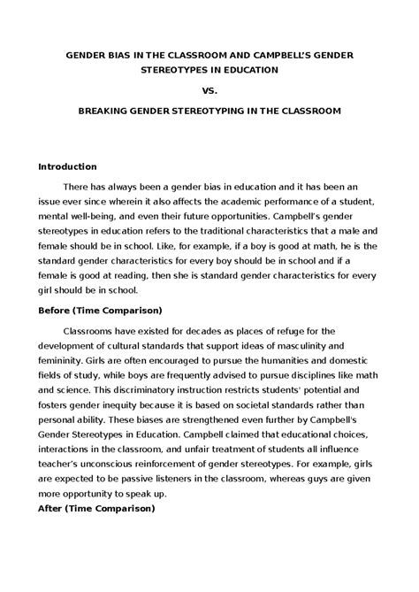 Gender Bias In The Classroom Gender Bias In The Classroom And Campbells Gender Stereotypes In