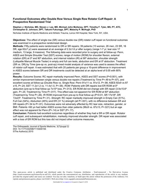 Pdf Functional Outcomes After Double Row Versus Single Row Rotator
