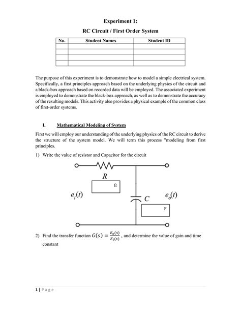 experiment 1 rc circuit first order system