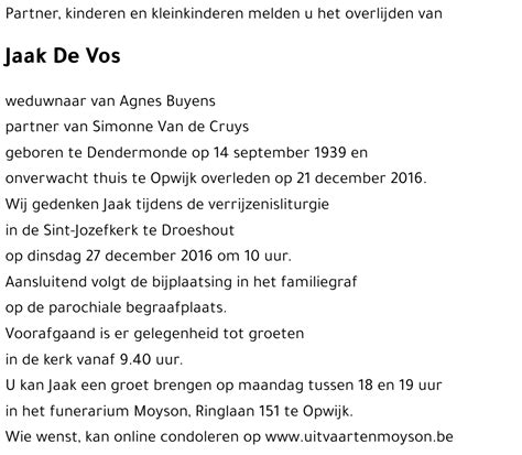 Avis De Décès De Jaak De Vos Décédé Le 21 12 2016 à Opwijk Annonce Condoléances Fleurs Etc
