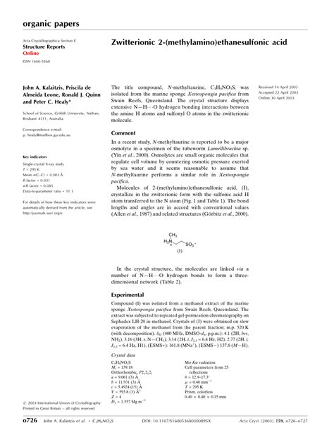Pdf Zwitterionic 2 Methyl­amino­ethane­sulfonic Acid