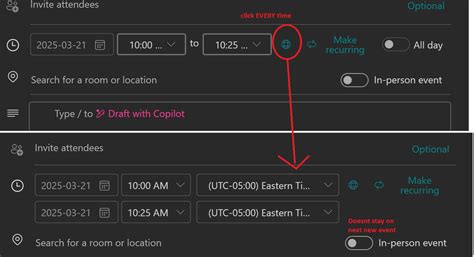 new outlook timezone in new meeting not checkbox persistent