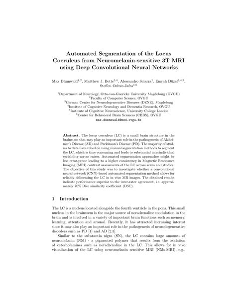 Pdf Automated Segmentation Of The Locus Coeruleus From Neuromelanin