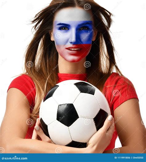 Russian Fan Sport Woman Player In Red Uniform Hold Soccer Ball
