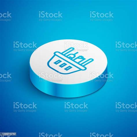 파란색 배경에 격리 된 등색 라인 쇼핑 바구니 및 음식 아이콘 푸드 스토어 슈퍼마켓 흰색 원 버튼 벡터 일러스트레이션 3차원 형태에 대한 스톡 벡터 아트 및 기타 이미지
