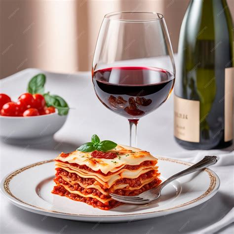 Premium Ai Image A Piece Of Lasagna And A Glass Of Red Wine On The Table