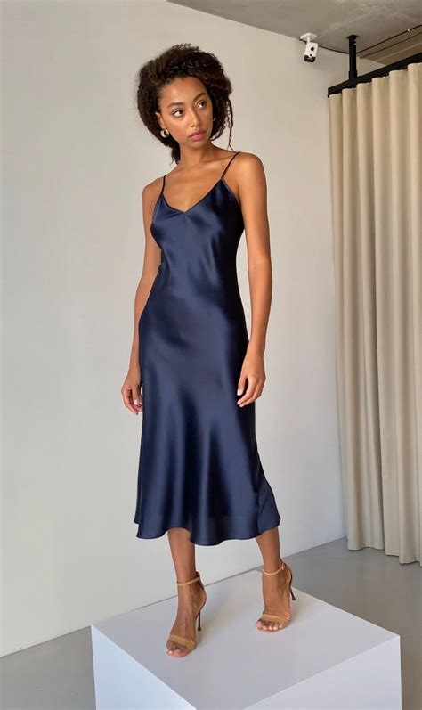 V Neck Silk Slip Dress Midi Navy Blue Silk Dress Bias Cut Etsy