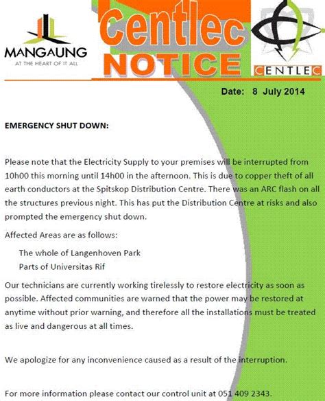 Centlec Notice Mangaung Metropolitan Municipality