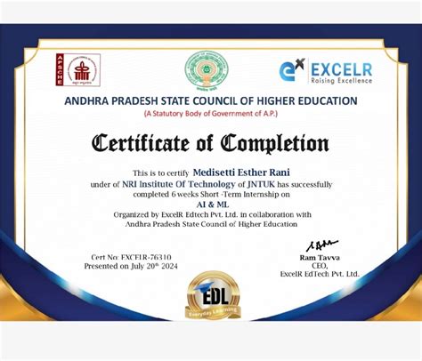 Medisetti Esther Rani On Linkedin I Got My Intership Ai And Ml Certificate