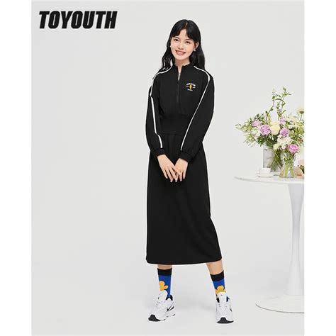 Toyouth 가을 긴 소매 스탠드 칼라 허리 타이트닝 슬림 프린트 원피스 캐주얼 롱 스커트 여성용 2022