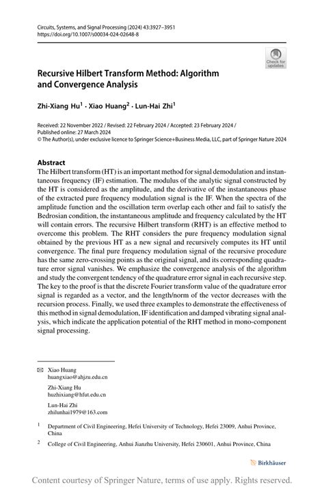 Recursive Hilbert Transform Method Algorithm And Convergence Analysis