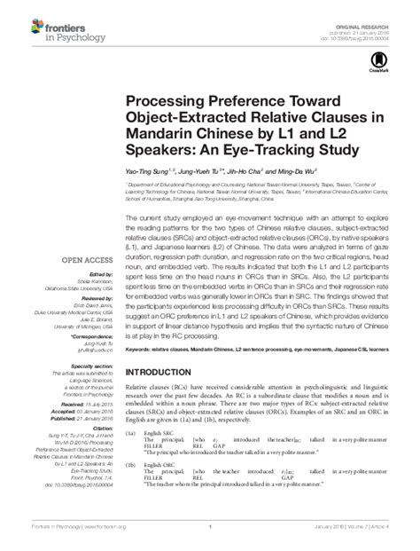Pdf Processing Preference Toward Object Extracted Relative Clauses In Mandarin Chinese By L1