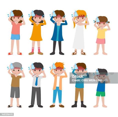 10 종류의 남녀와 어린이 발열이나 감기 또는 독감 얼음 조각을 사용하여 식히기 만화 캐릭터 벡터 세트 각얼음에 대한 스톡 벡터