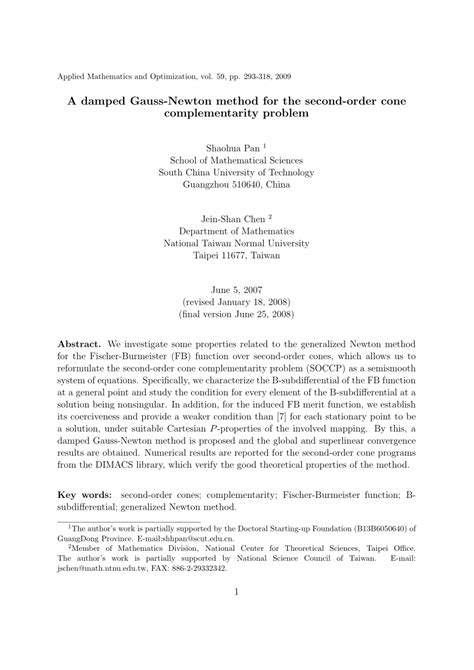Pdf A Damped Gauss Newton Method For The Second Order Cone Complementarity Problem