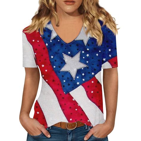 Kddylitq Stars Striped American Flag T Shirts For Women Patriotic Tunic